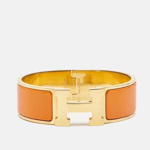 Hermes | Jewelry | Hermes Clic Clac H Orange Enamel Gold Plated Wide Bracelet | Poshmark